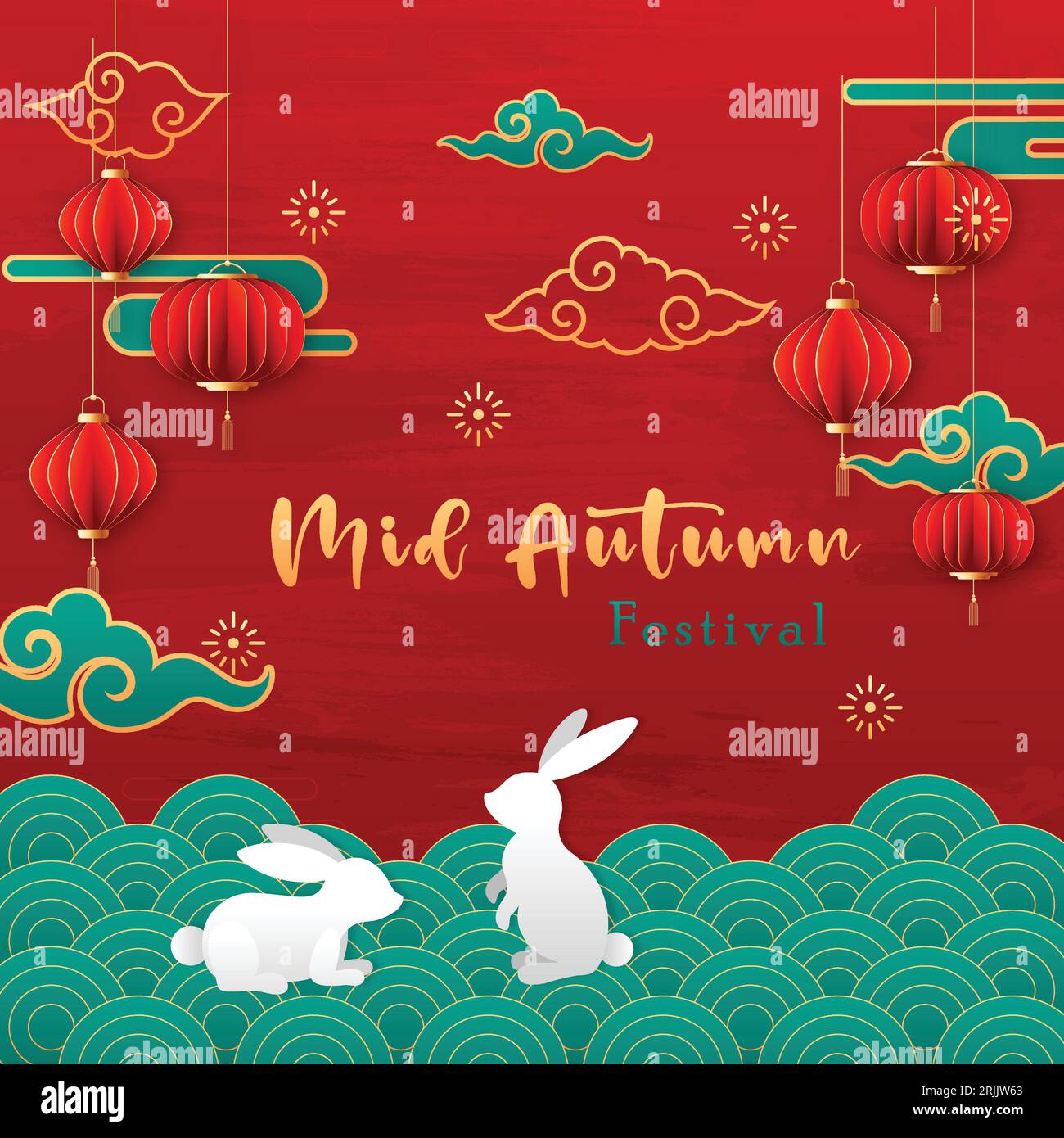 Happy Mid Autumn Festival greeting card with lanterns and rabbit Vector ...