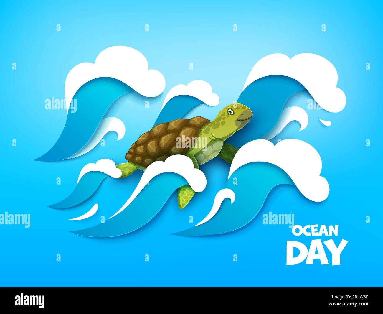 World oceans day, cartoon turtle in paper cut sea waves, underwater ...