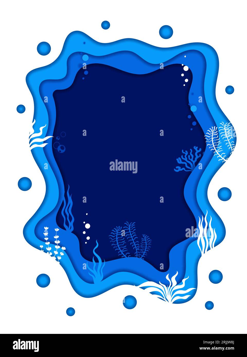 Paper cut frame, blue sea waves and underwater seaweeds. Sea nature ...