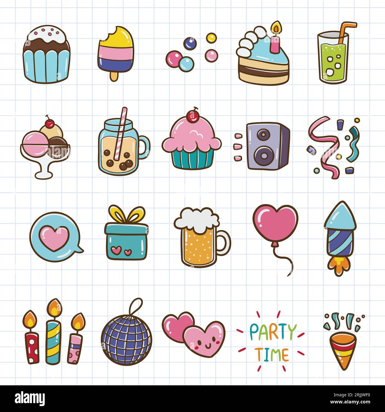 Birthday party doodle icon set. Hand drawn vector illustration Stock ...