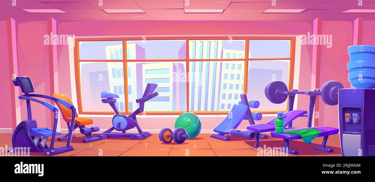 Sport gym studio room for exercise with equipment cartoon vector ...