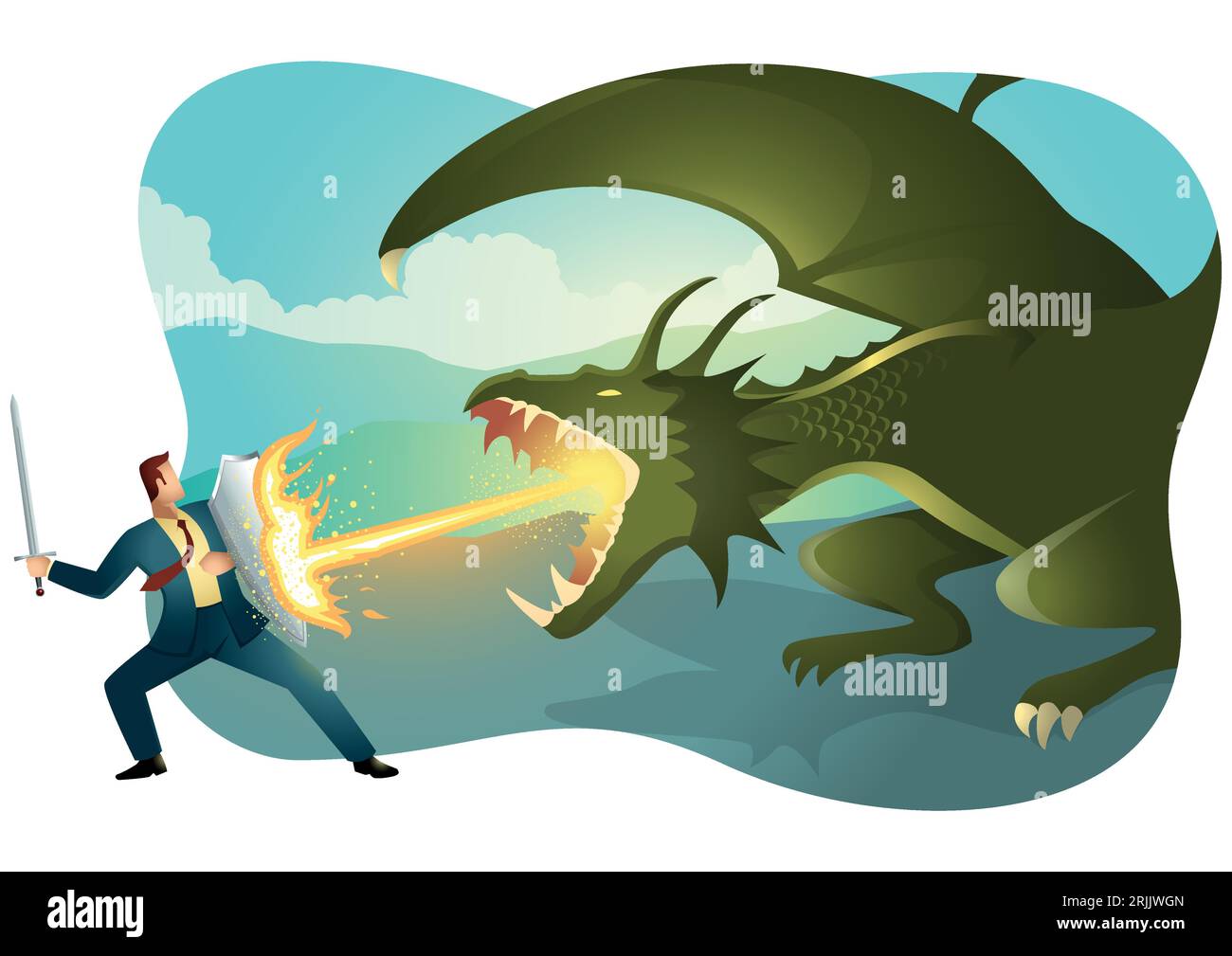 Vector illustration of a businessman fighting a dragon. Risk, courage ...