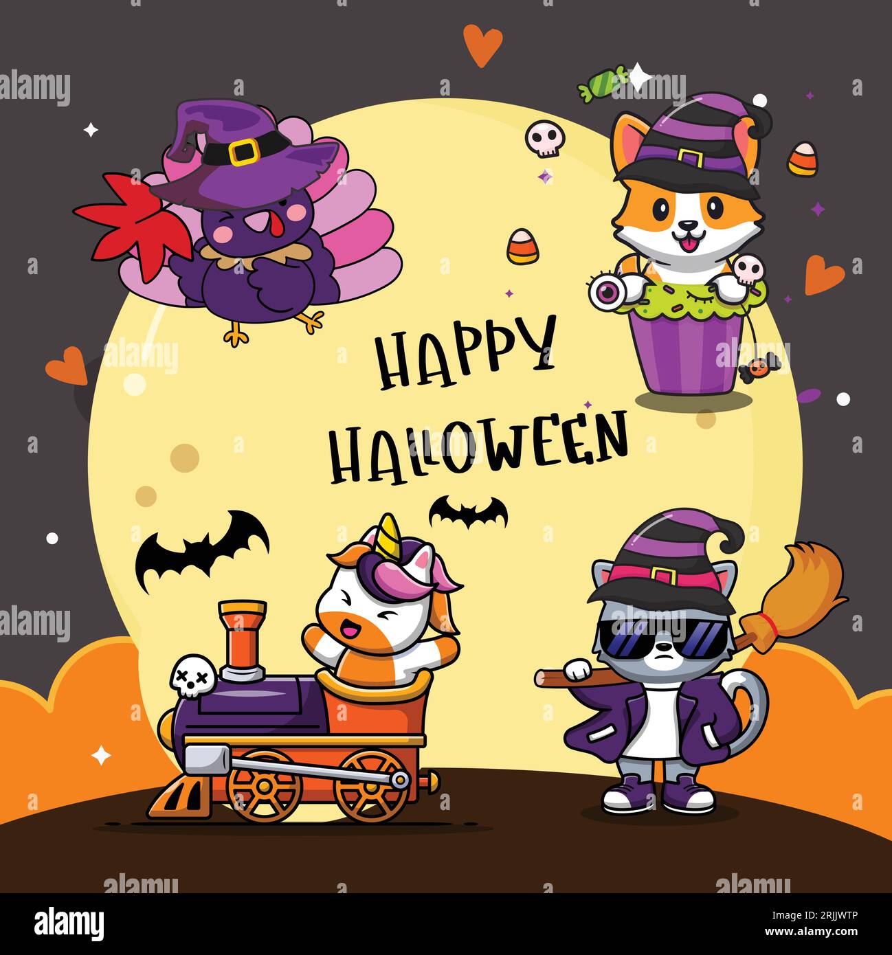Halloween card with cute cartoon characters. Vector illustration for ...