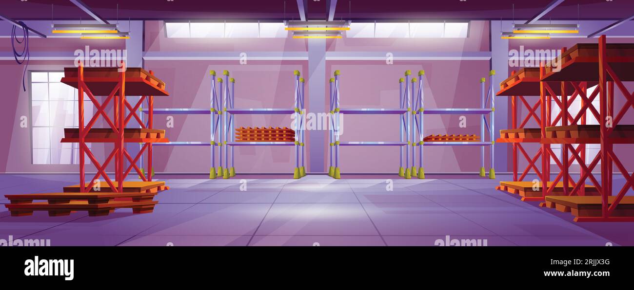Empty warehouse interior with clear storage inventory. Cartoon vector ...