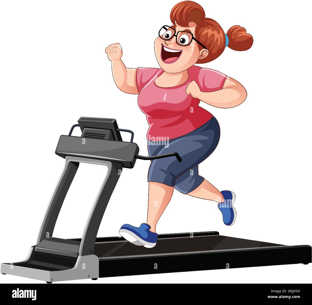 A cartoon illustration of a middle-aged woman running on a treadmill ...