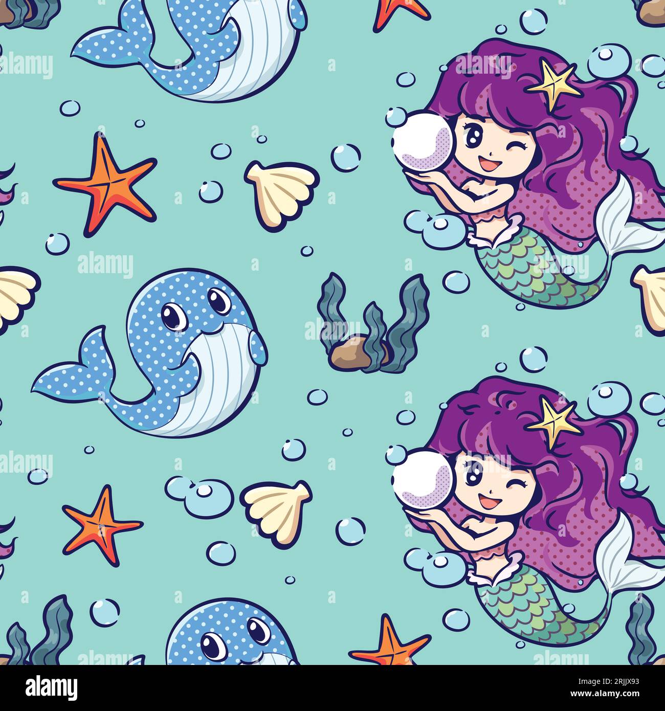 Seamless pattern with cute mermaids and sea shells Stock Vector Image ...