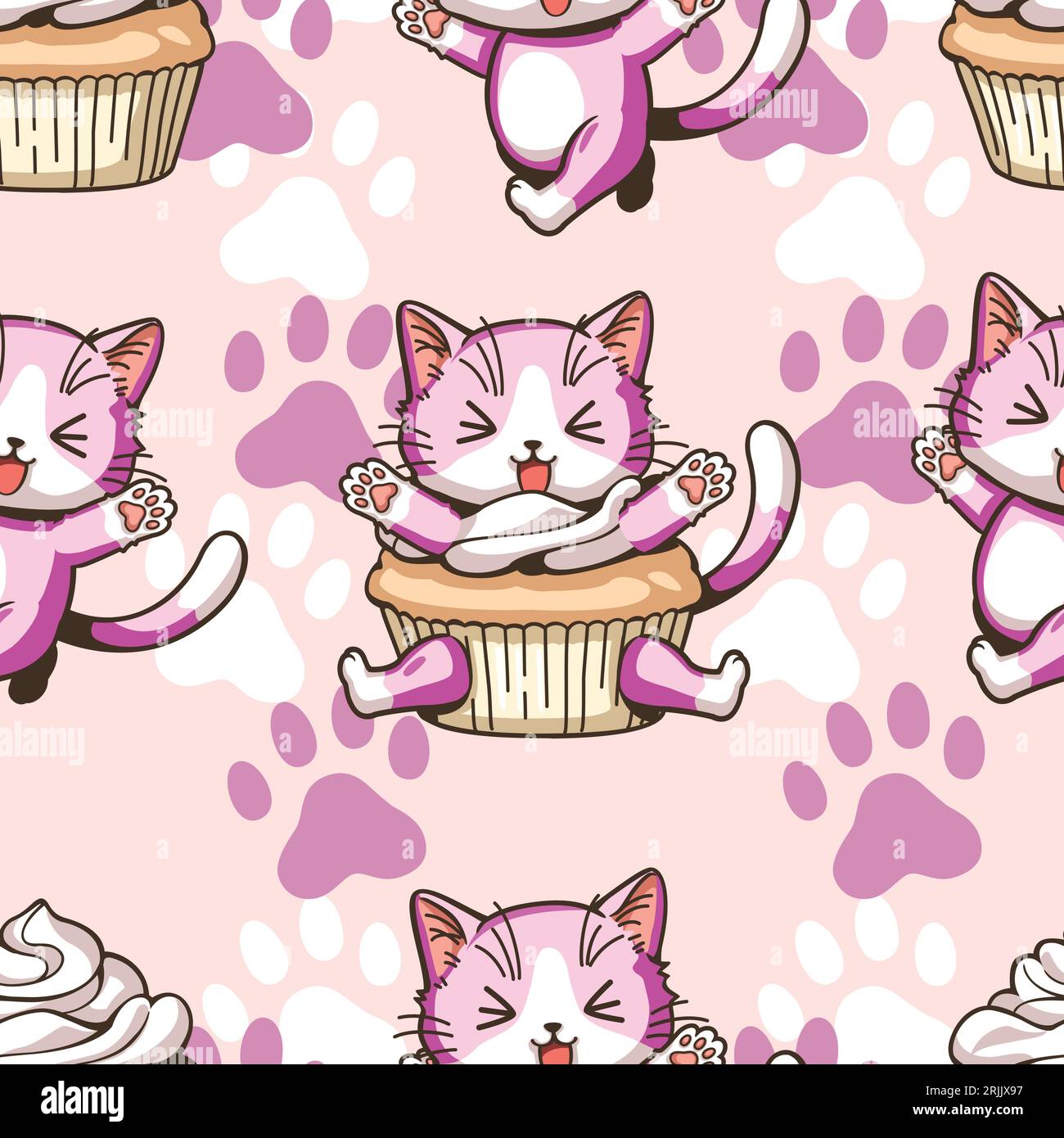 Seamless pattern with cute cats and cupcakes Vector illustration Stock ...