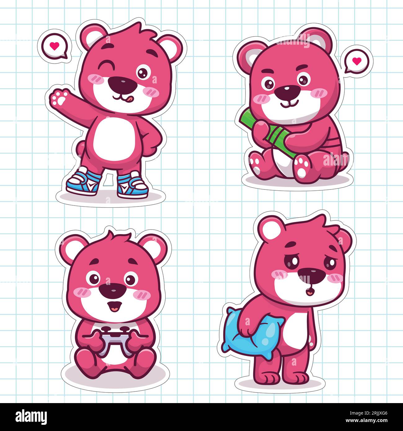 Set of cute pink teddy bears in different poses. Vector illustration ...