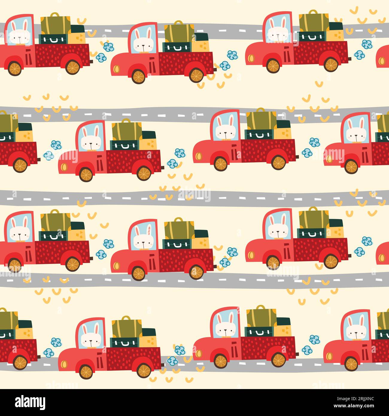 Vector seamless pattern with cute cartoon cars on road vector ...