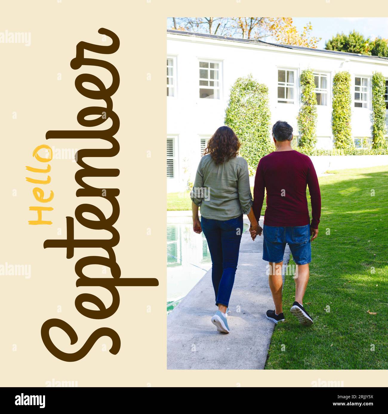 Composite of hello september text over caucasian couple in garden Stock ...