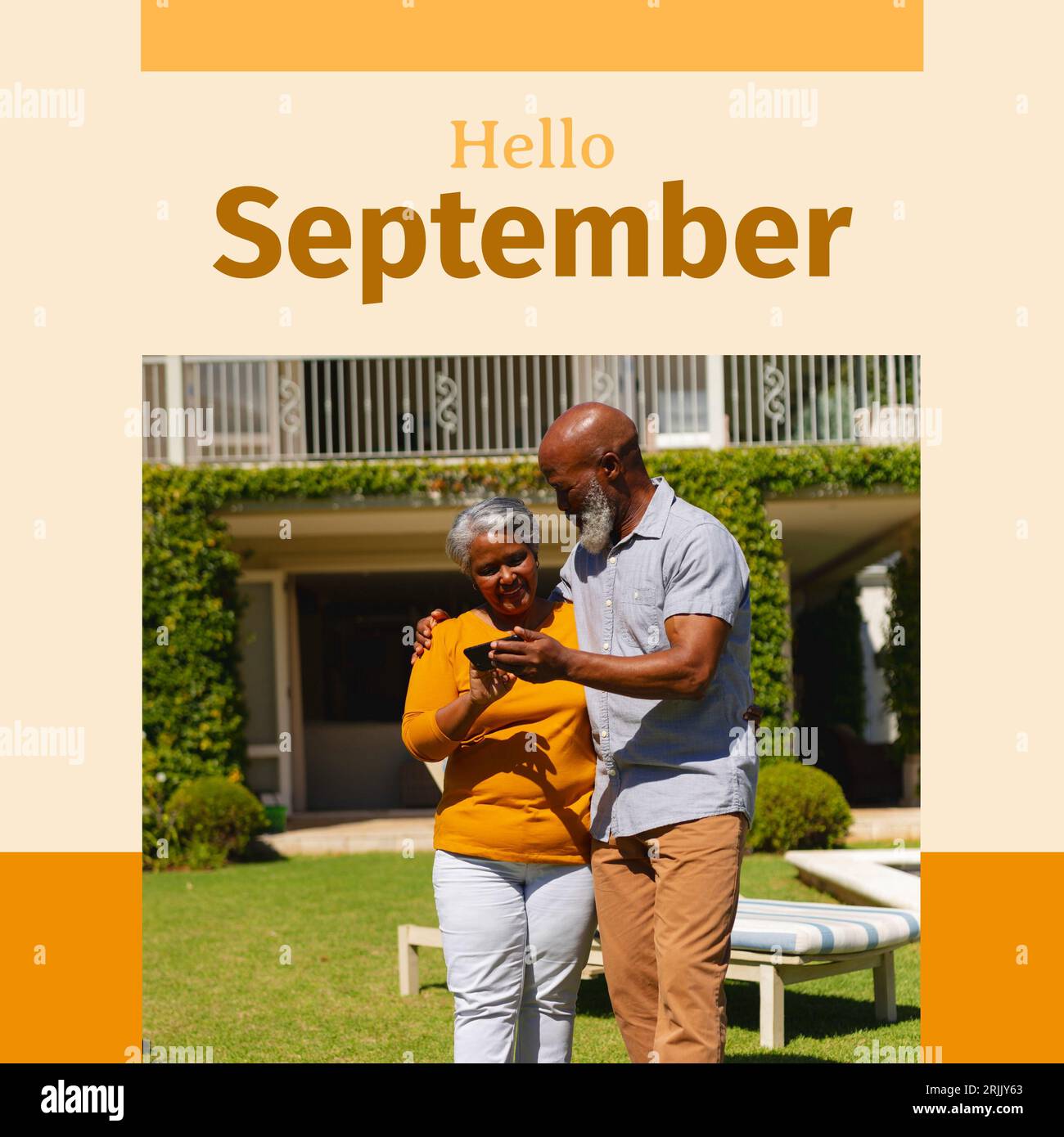 Composite of hello september text over senior african american couple ...