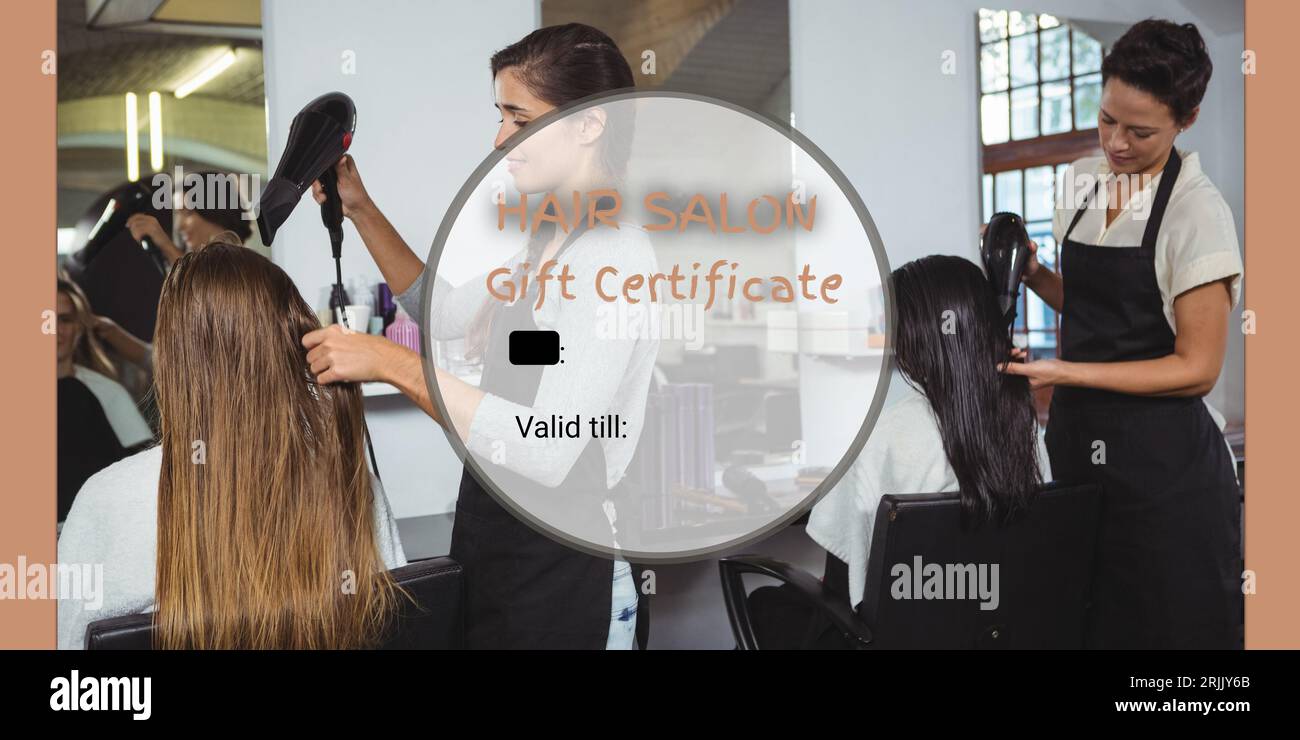 Composite of hair salon gift certificate text over diverse female ...