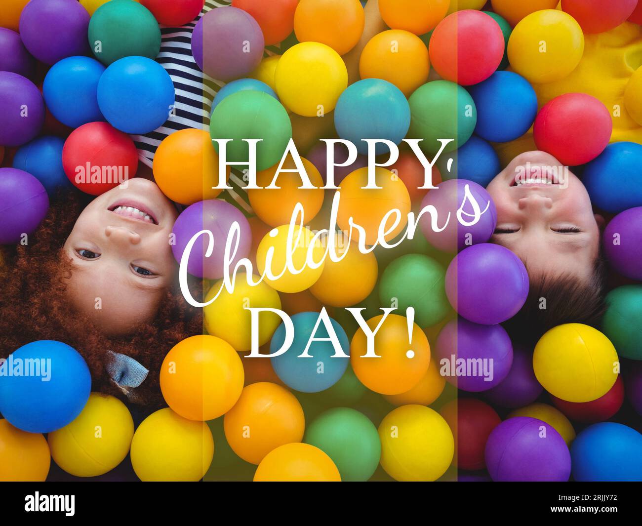 Composition of happy children's day text and biracial children smiling ...