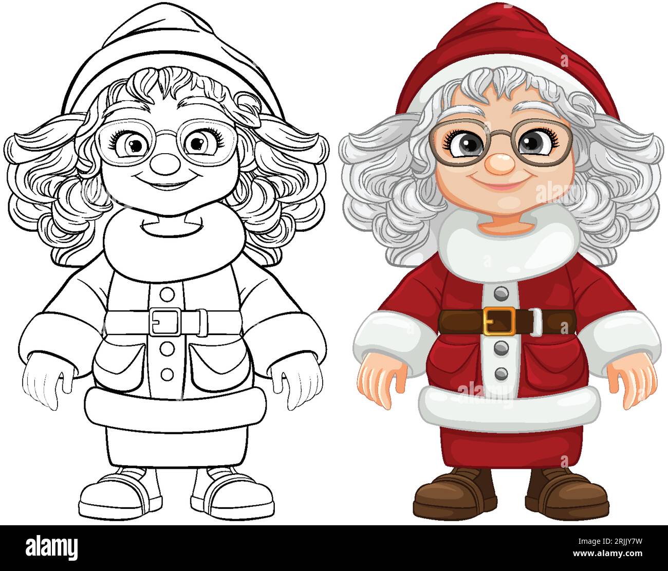 A joyful woman dressed as Santa Claus in a cartoon-style illustration ...