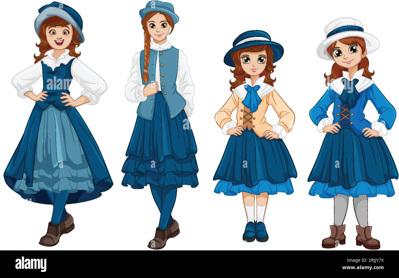 A set of girls and women dressed in blue in different traditional eras ...