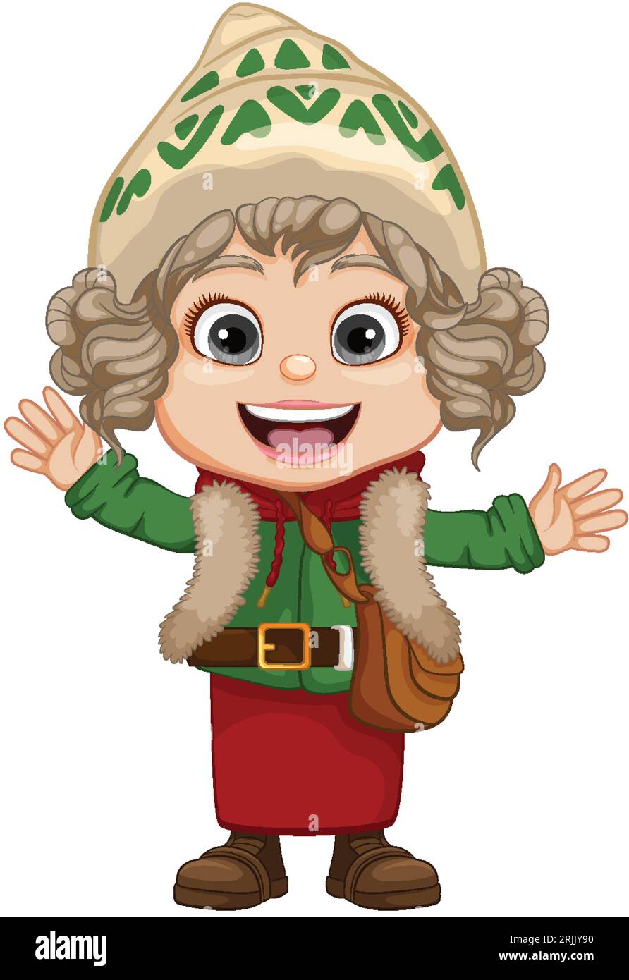A happy girl wearing winter clothes for a Christmas-themed cartoon ...