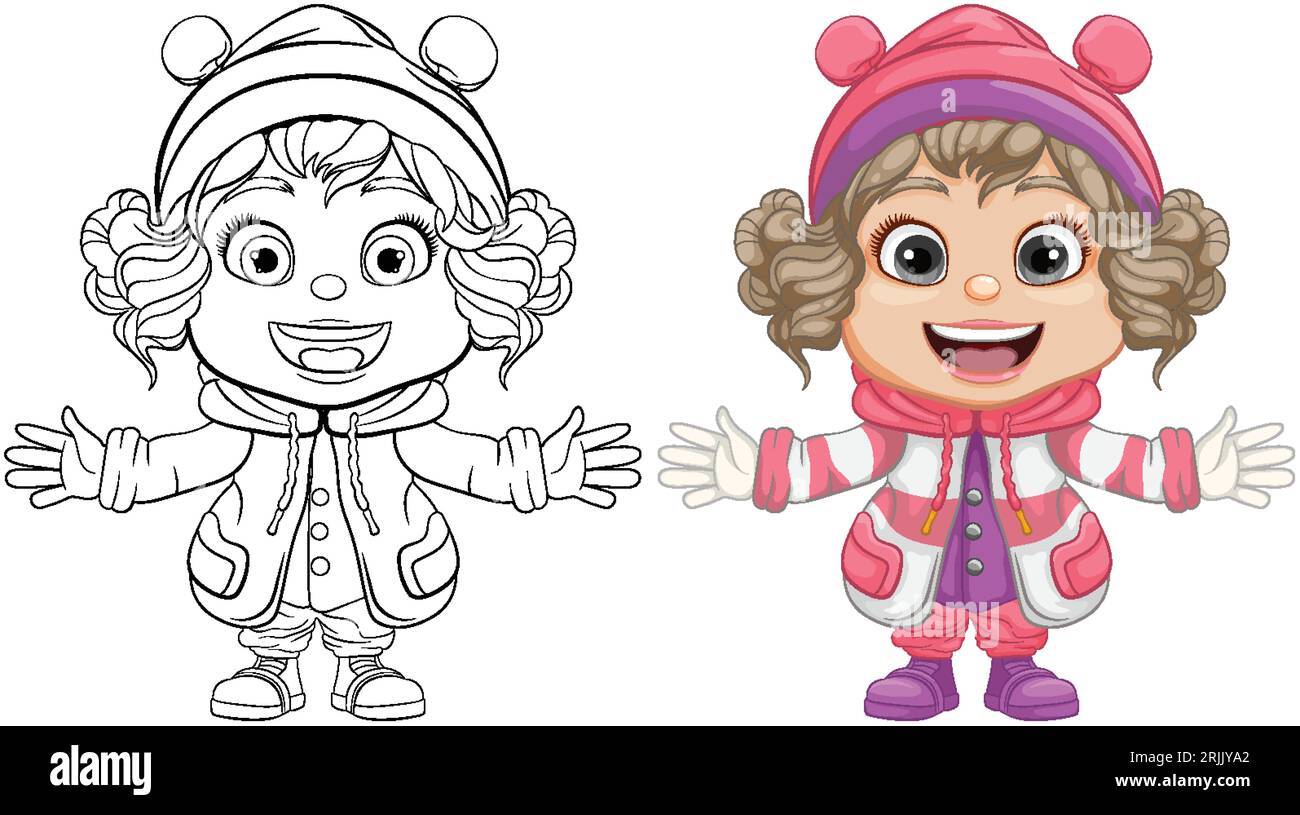 A cute cartoon illustration of a happy girl ready for winter Stock ...