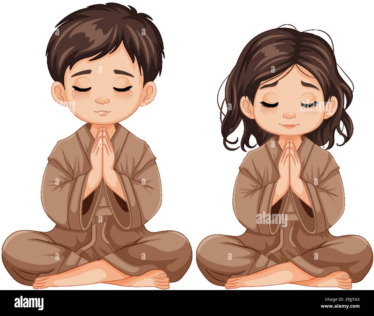 A vector cartoon illustration of a boy and girl sitting and meditating ...
