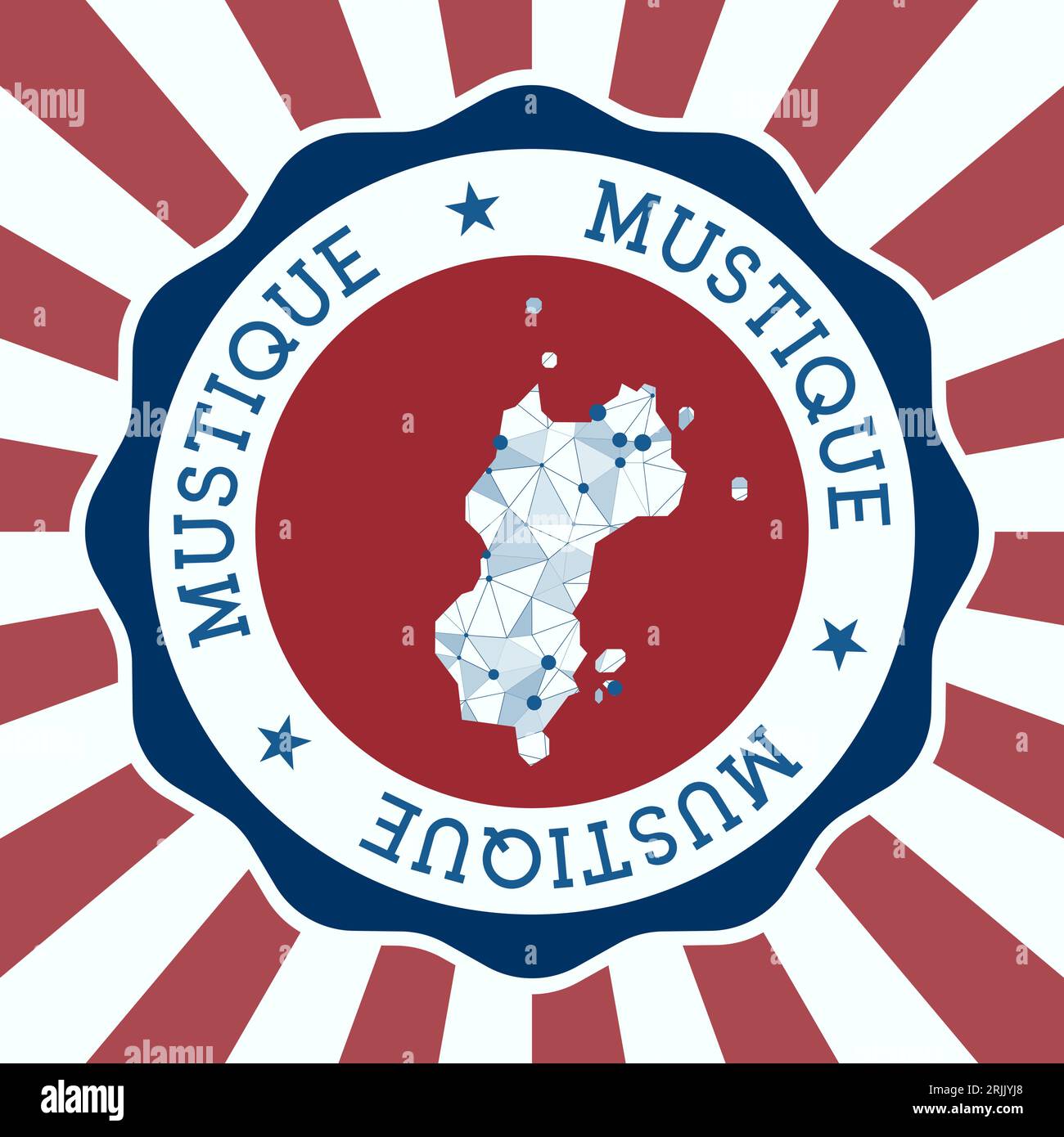 Mustique Badge. Round logo of island with triangular mesh map and radial rays. EPS10 Vector ...
