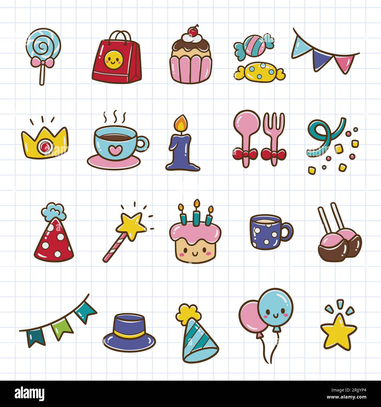 Vector birthday party doodle icon set hand drawn vector illustration ...