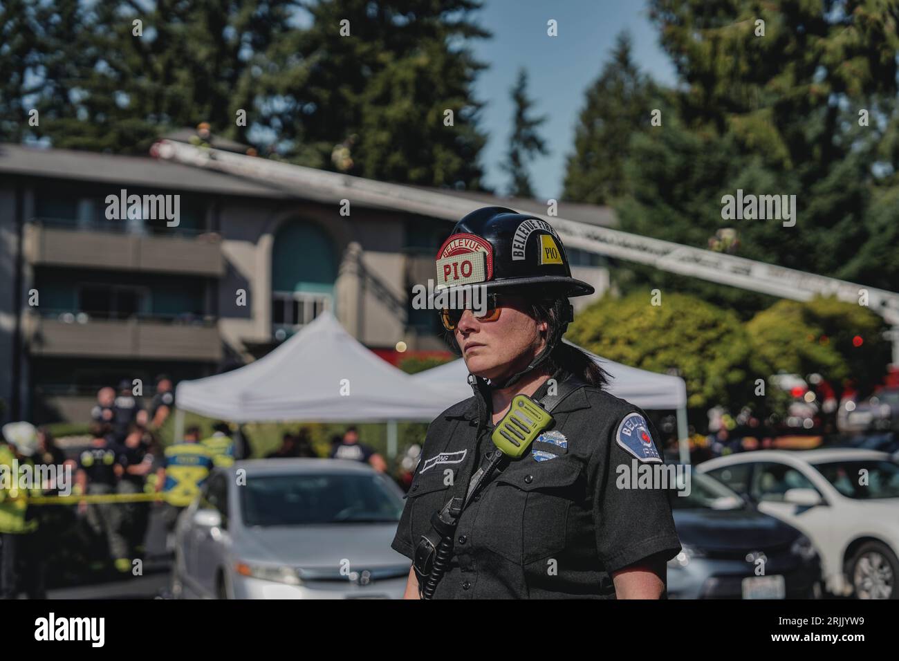 Fire public information officer (PIO) speaks with reporters and provide ...