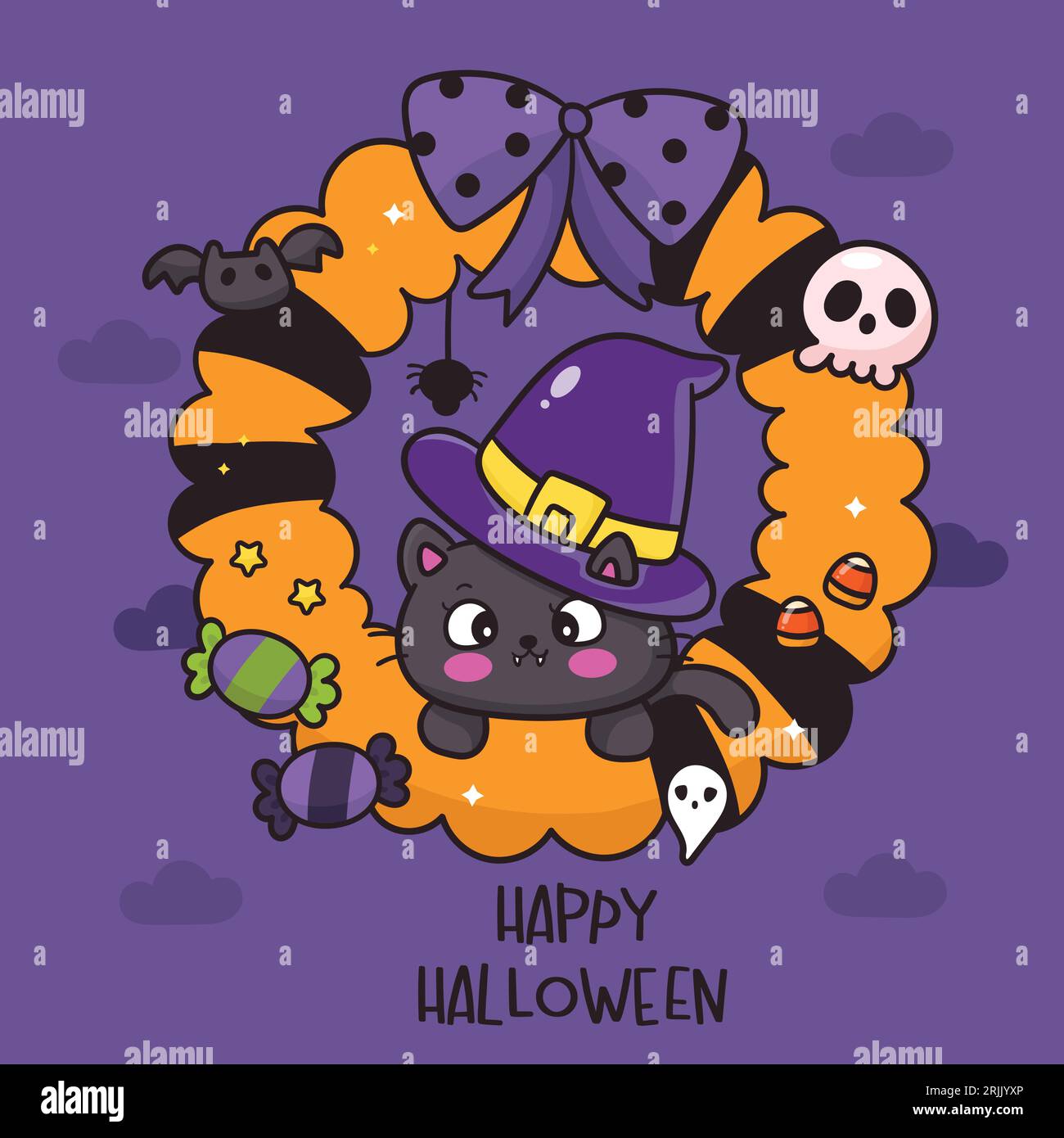 Vector happy halloween card cute cartoon black cat in witch hat with ...