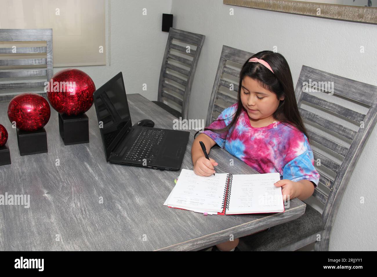 10-year-old girl doing home school in the dining room of the house with ...