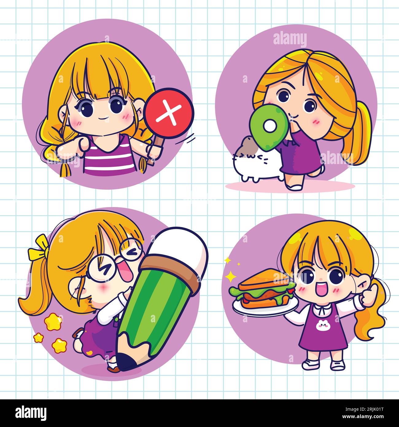 Vector cute cartoon girl with different emotions vector illustration on ...