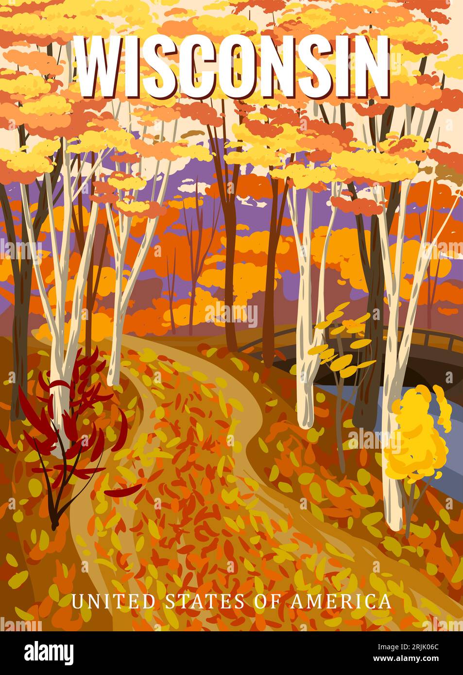 Wisconcin Autumn park valley, forest trail, walkway, trees yellow ...