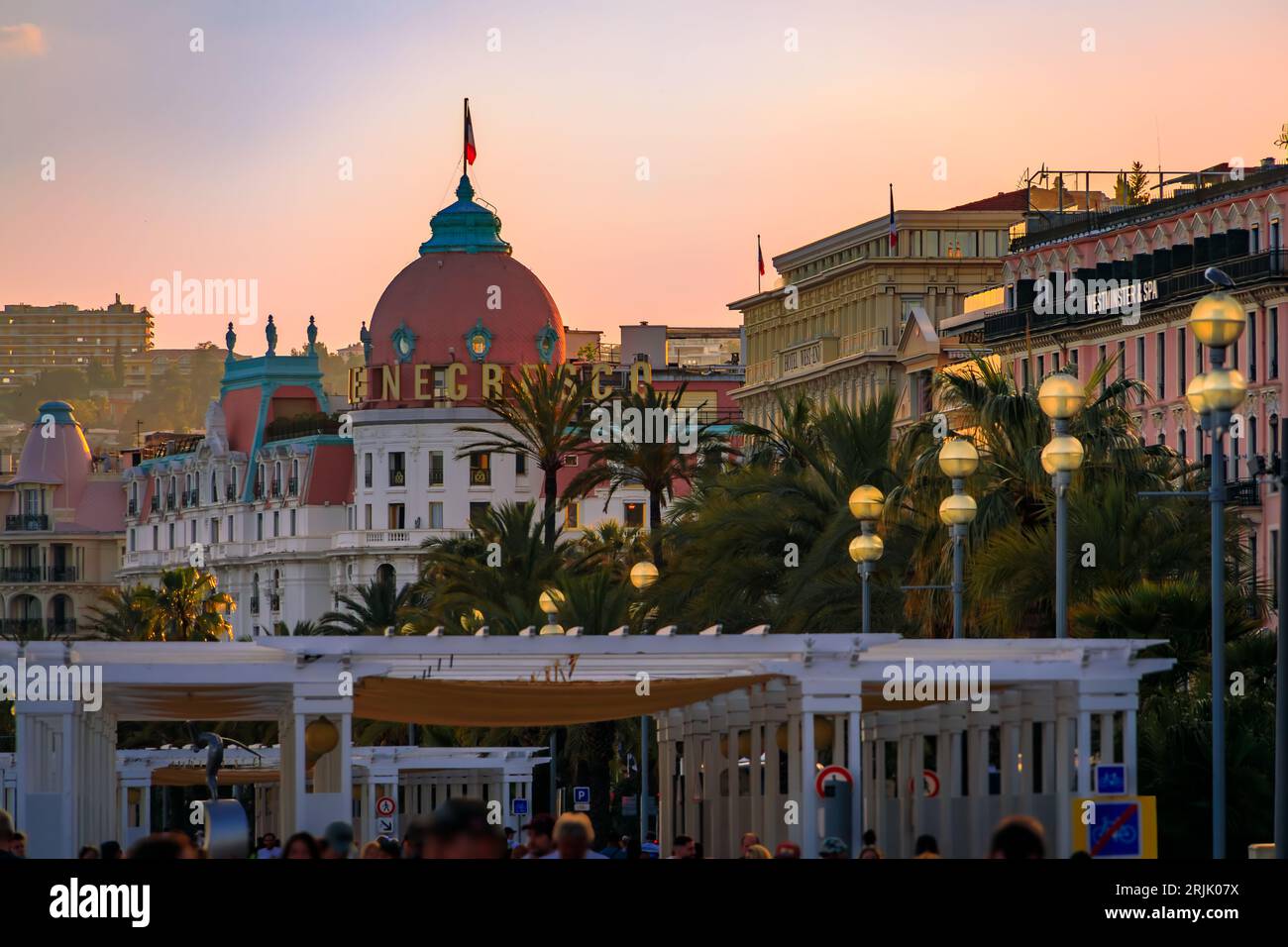 Nice, France - May 25, 2023: Colorful sunset cityscape with the famous ...