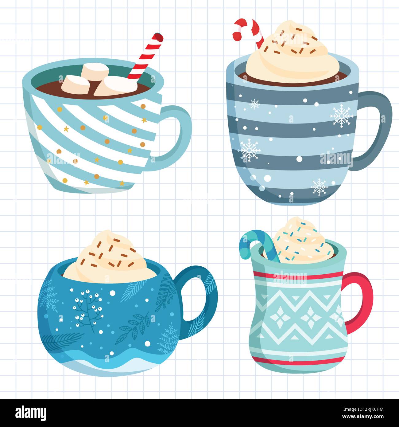 Mugs of hot chocolate with marshmallows and candy cane Vector ...