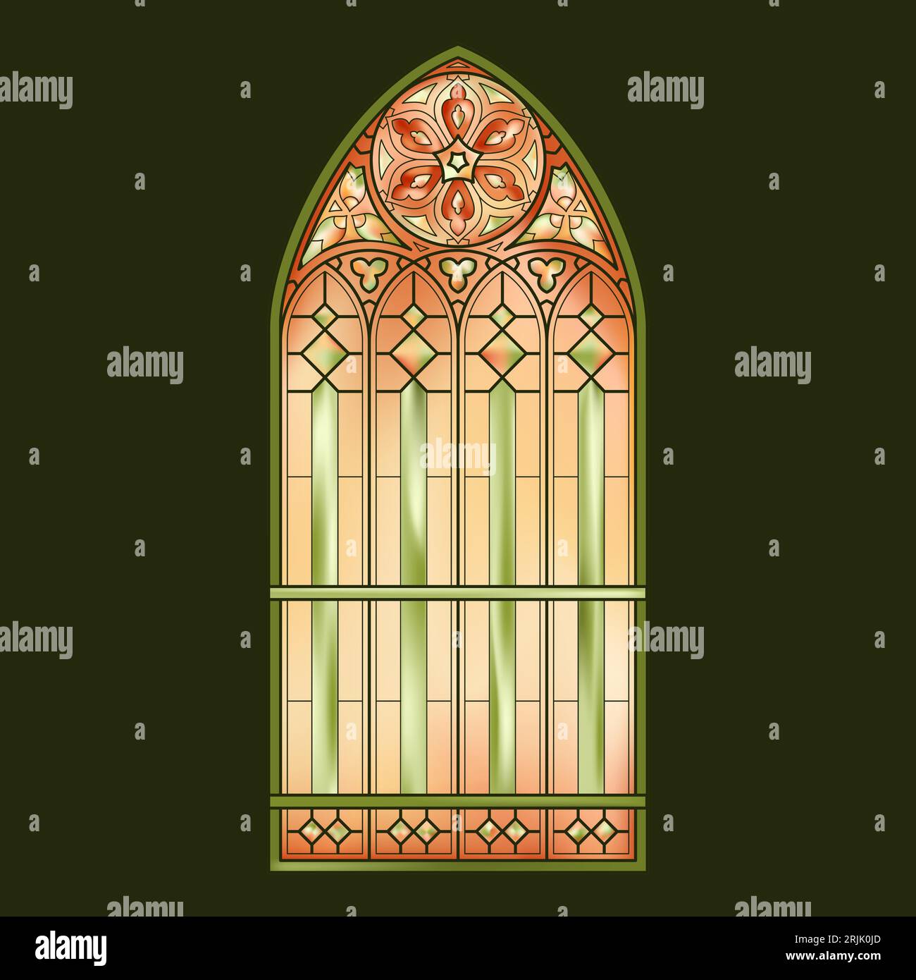 Church glass window. Stained glass arch on green background Stock ...