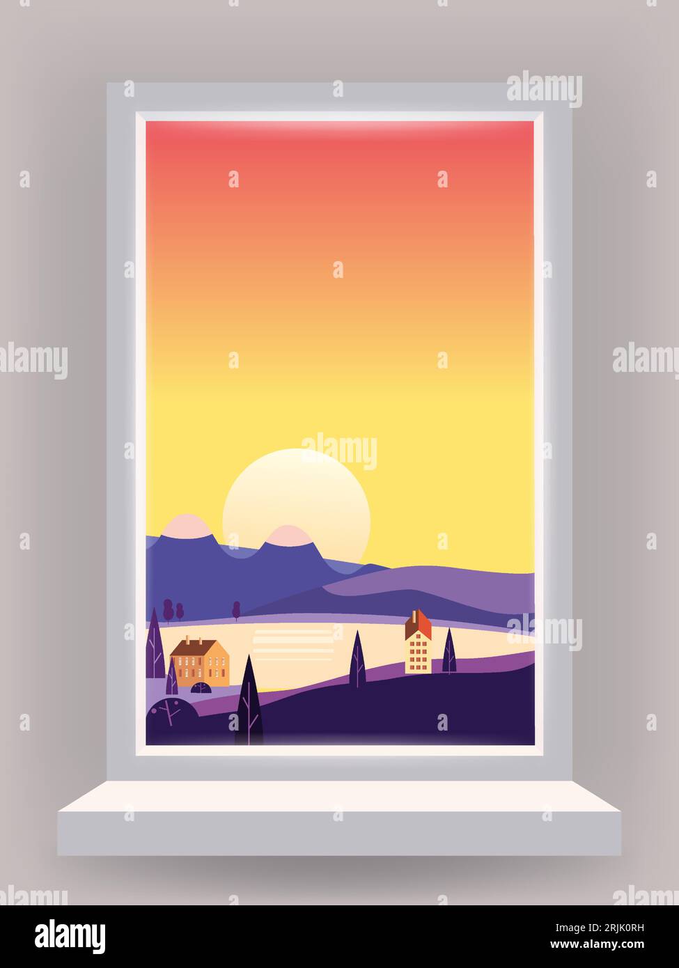 Window view interior, minimal landscape, sea, ocean, coastal town ...