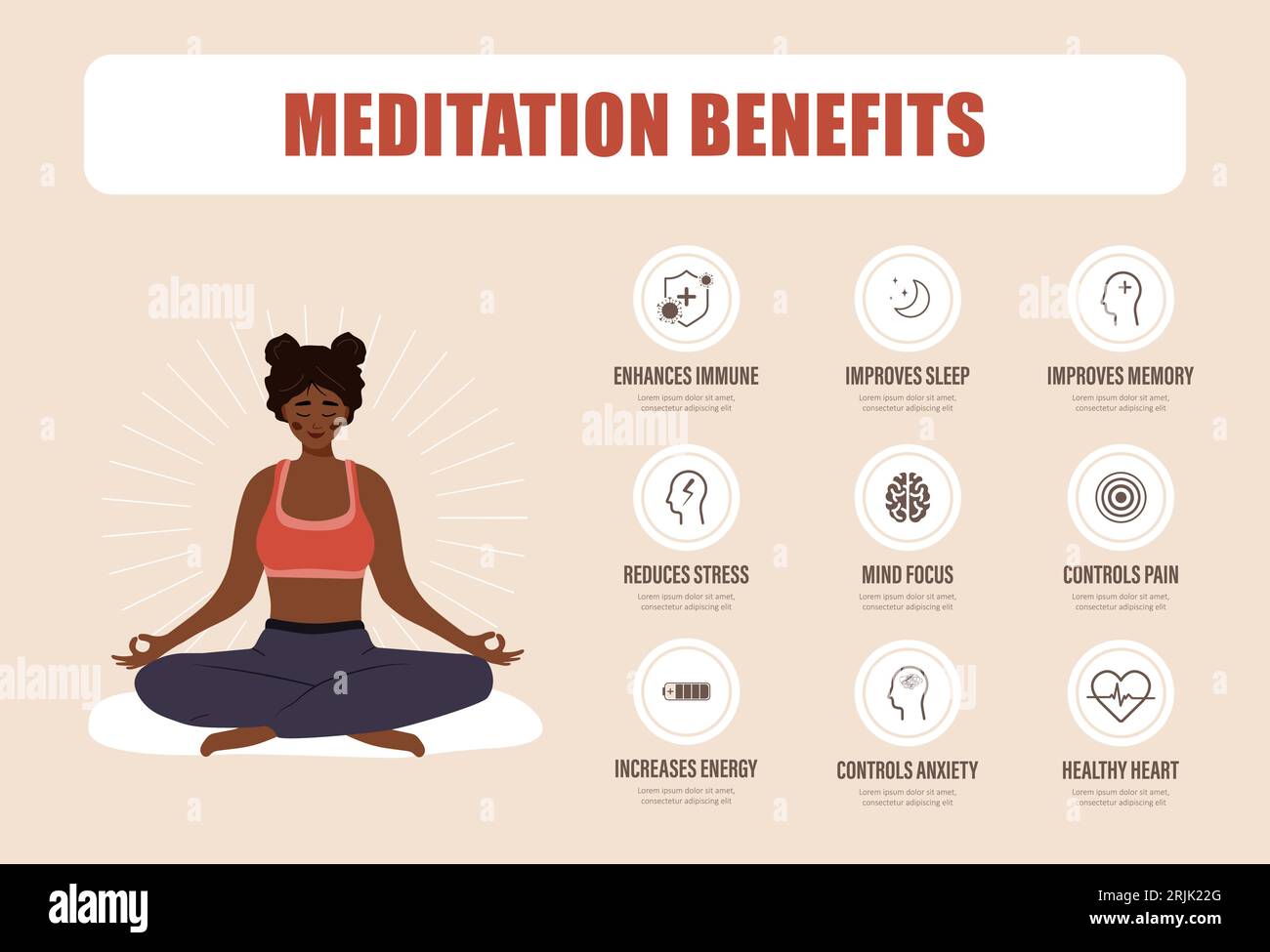 Meditation benefits. African woman sitting in lotus position and keep ...