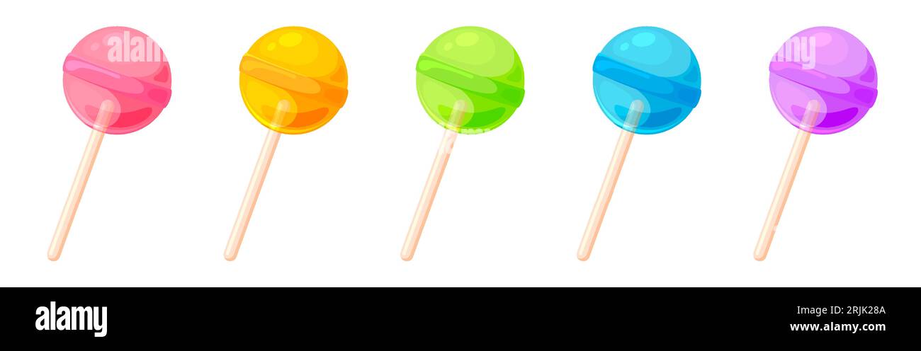 Sweet cute lollipop round on stick colorful flat set. Hard sugar candy ...