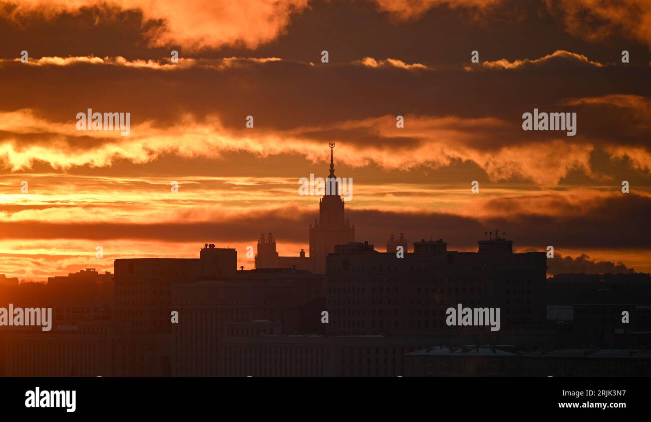 January 8, 2023. Moscow, Russia. Sunset over the buildings of the ...