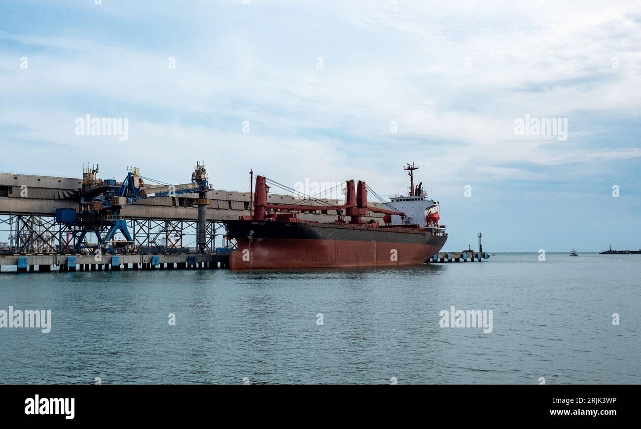 Tanker for oil and petroleum products during loading at the sea cargo ...