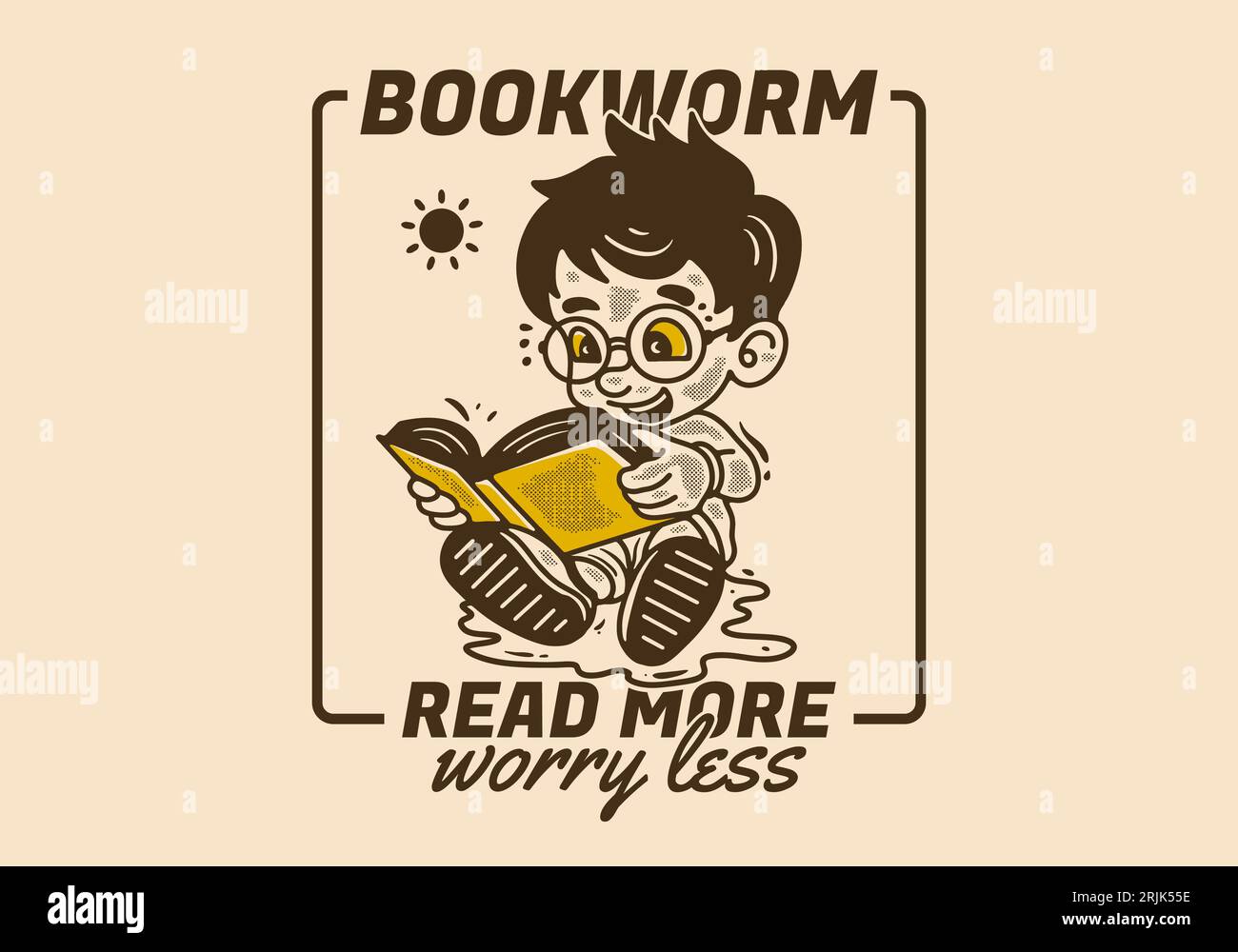 Bookworm, read more worry less, vintage illustration of a little boy ...