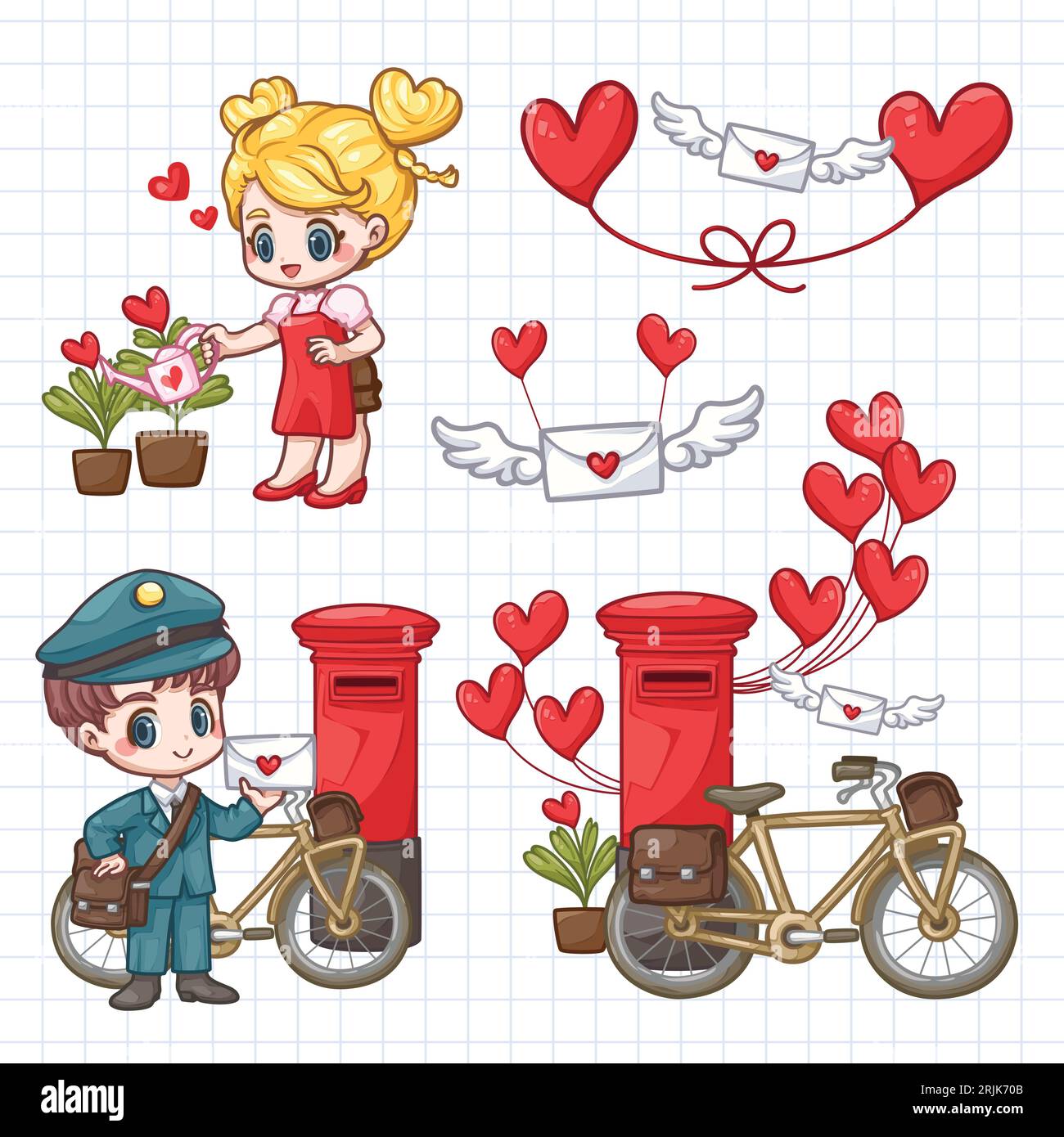 Cute cartoon girls with mail boxes, mailboxes, flowers and hearts Stock ...