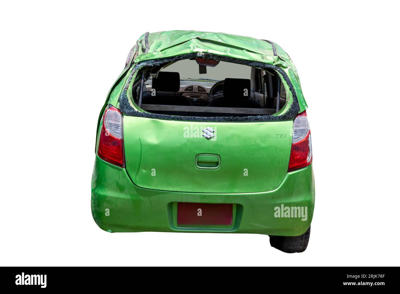 Small hatchback car crushed in road accident isolated on white ...