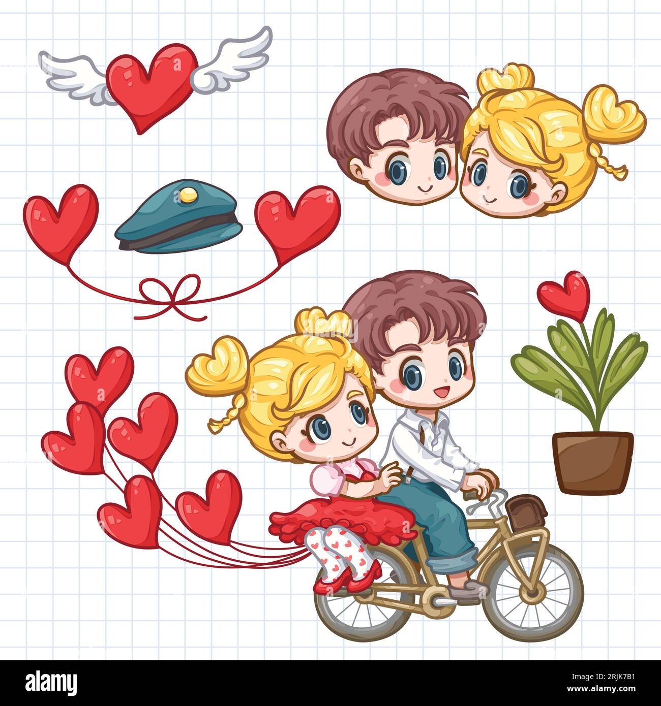 Cute cartoon girls with mail boxes, mailboxes, flowers and hearts Stock ...