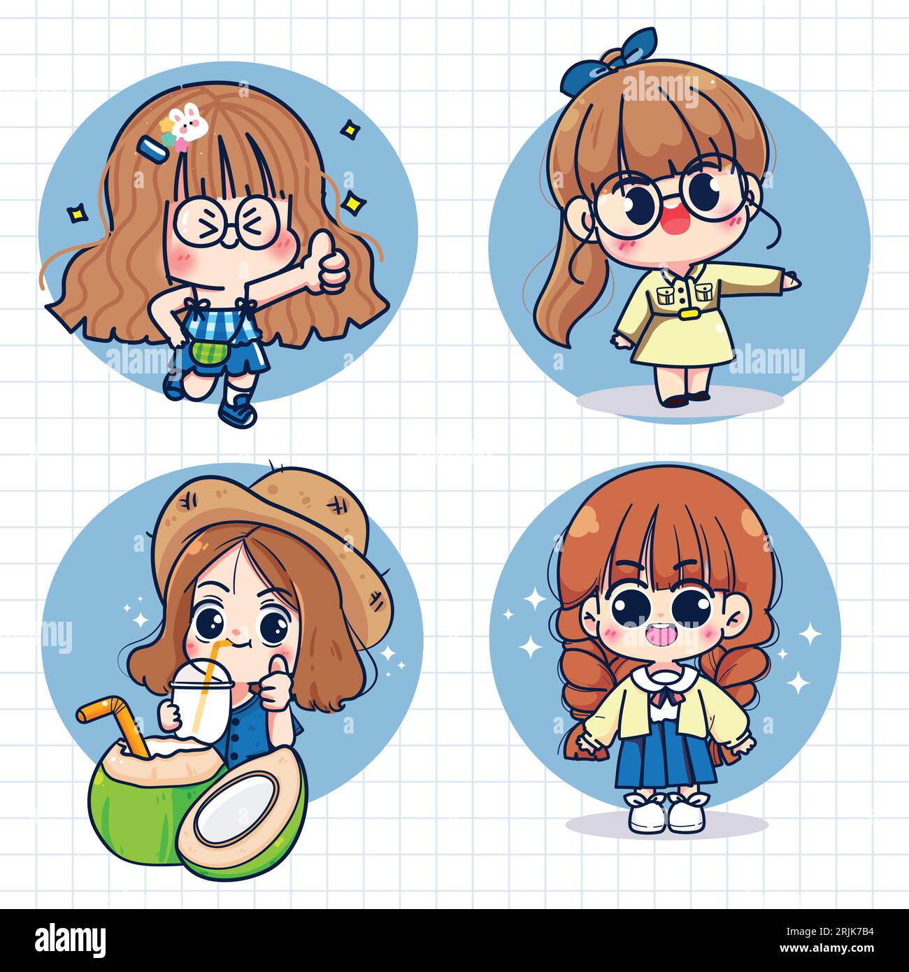 Illustration of a cute girl with different facial expressions in a ...