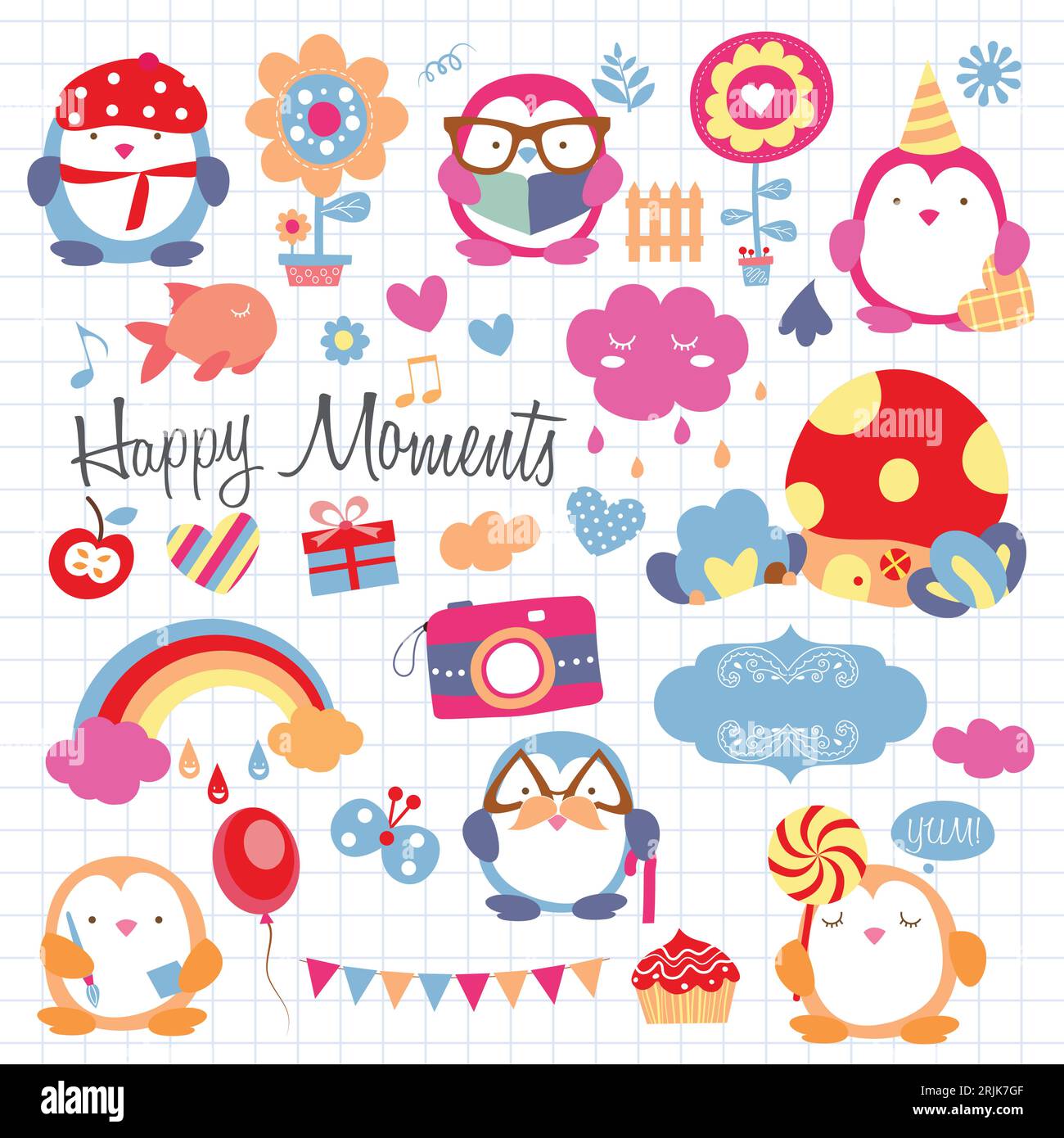 Set of cute kawaii elements. Hand drawn vector illustration Stock ...
