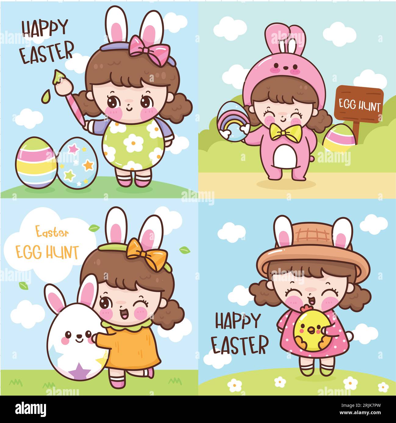 Cute cartoon girl with different facial expressions set. Vector ...