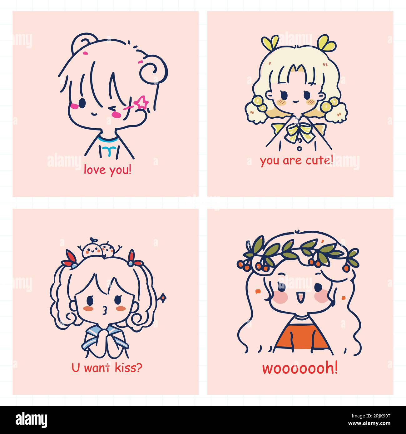 Cute cartoon girl with different facial expressions set. Vector ...