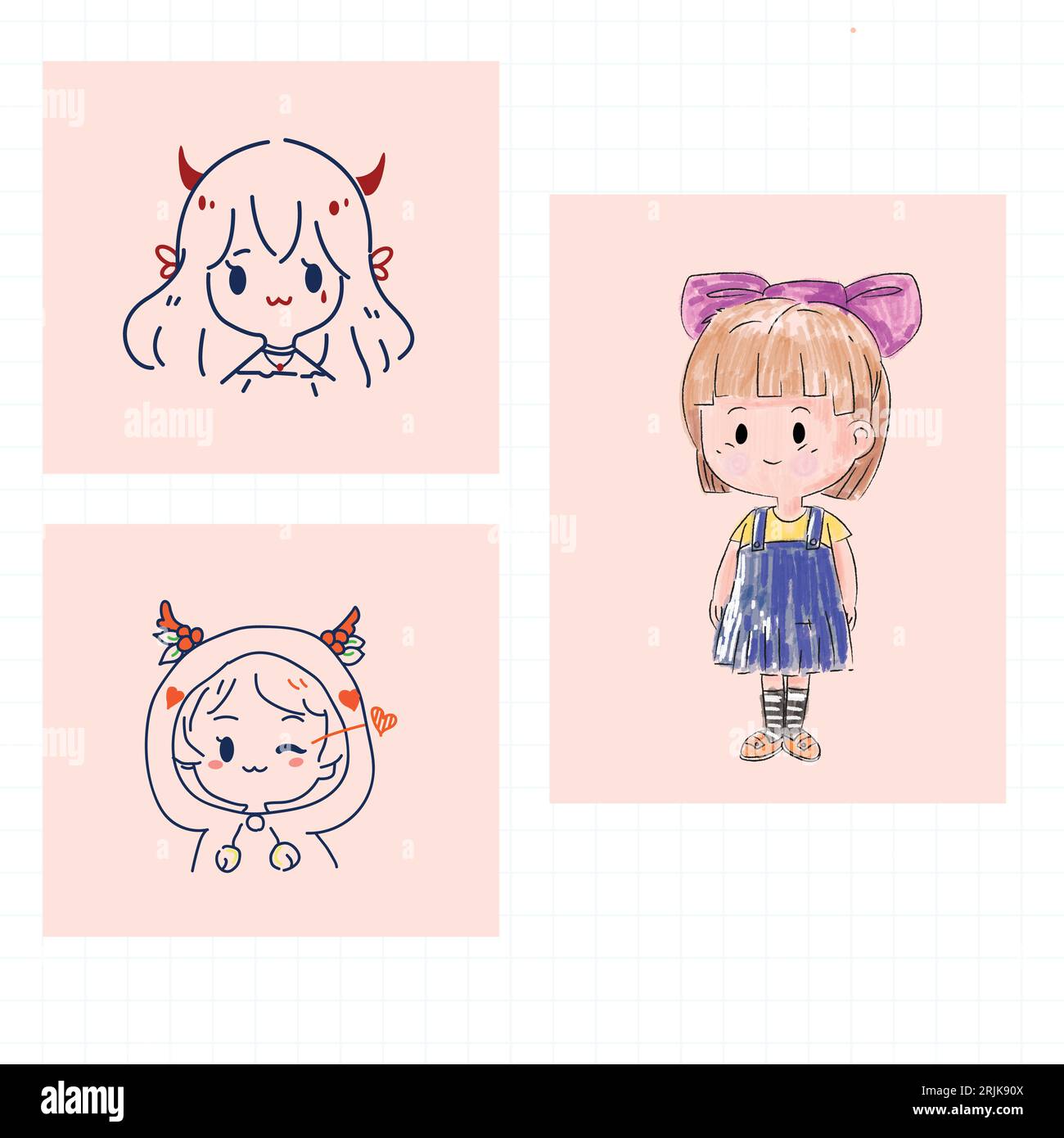 Cute cartoon girl with different facial expressions set. Vector ...