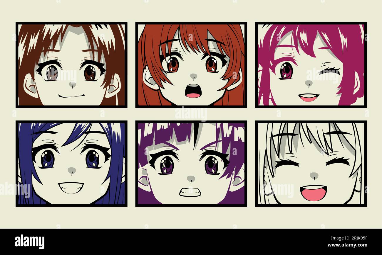 Cute cartoon girl with different facial expressions set. Vector ...