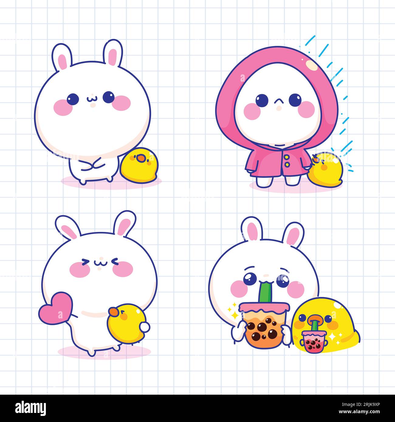 Set of cute cartoon rabbits. Vector illustration on a notebook page ...