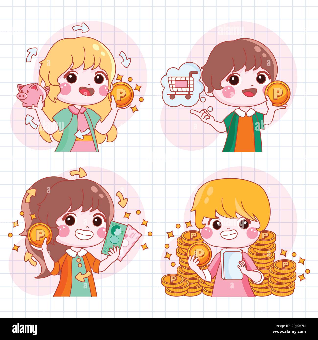 Cute cartoon boy and girl with shopping icons. Vector illustration ...