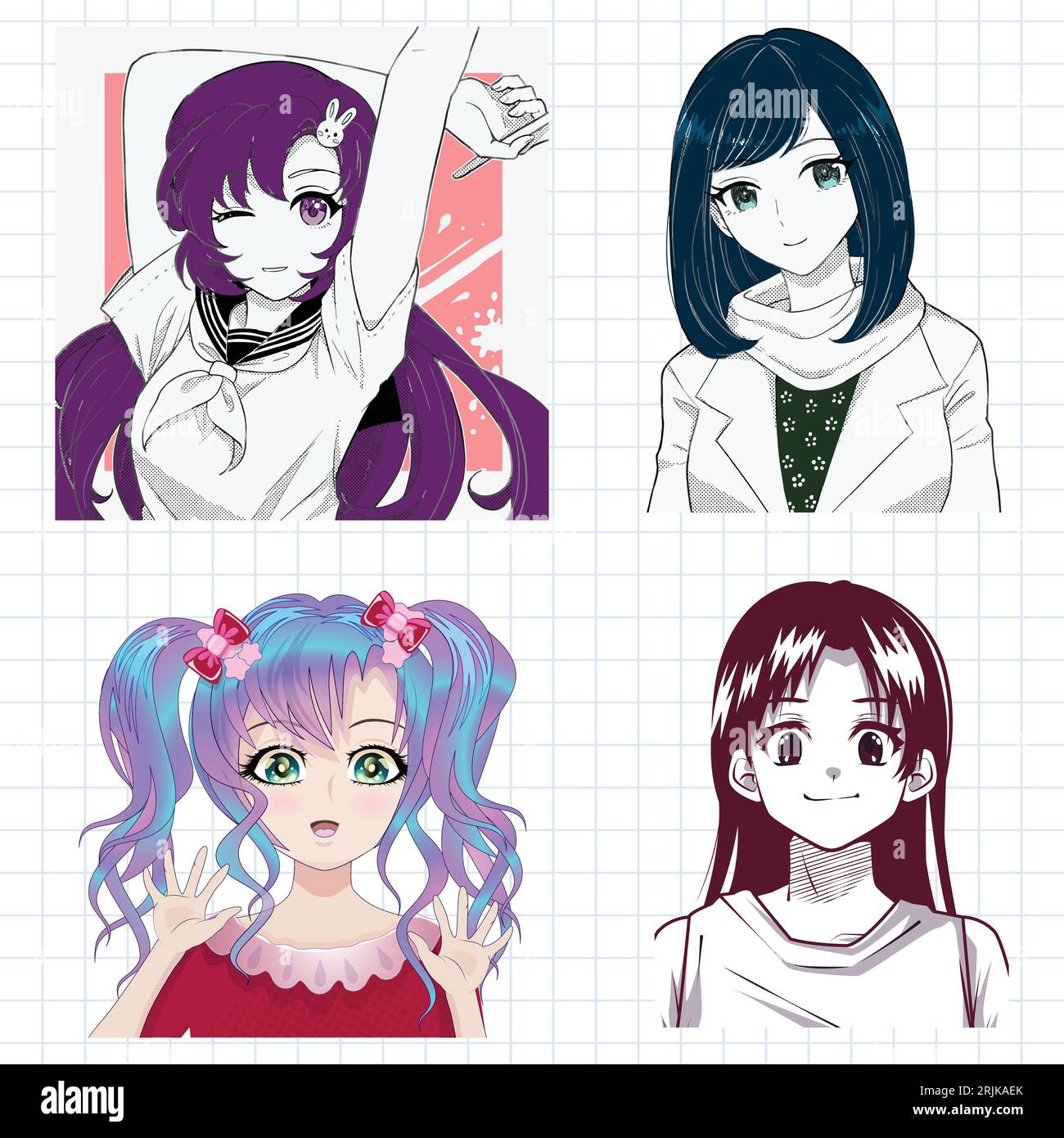 Cute cartoon girl with different facial expressions set. Vector ...